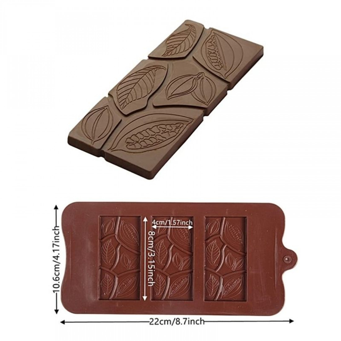 Chocolate Bar Silicone Mould - 3 Cavity Cocoa Bean Leaf Imprint